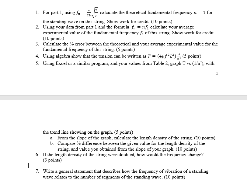 Solved Table for String Part 1(5 points) L(m) 4.Om kg | Chegg.com