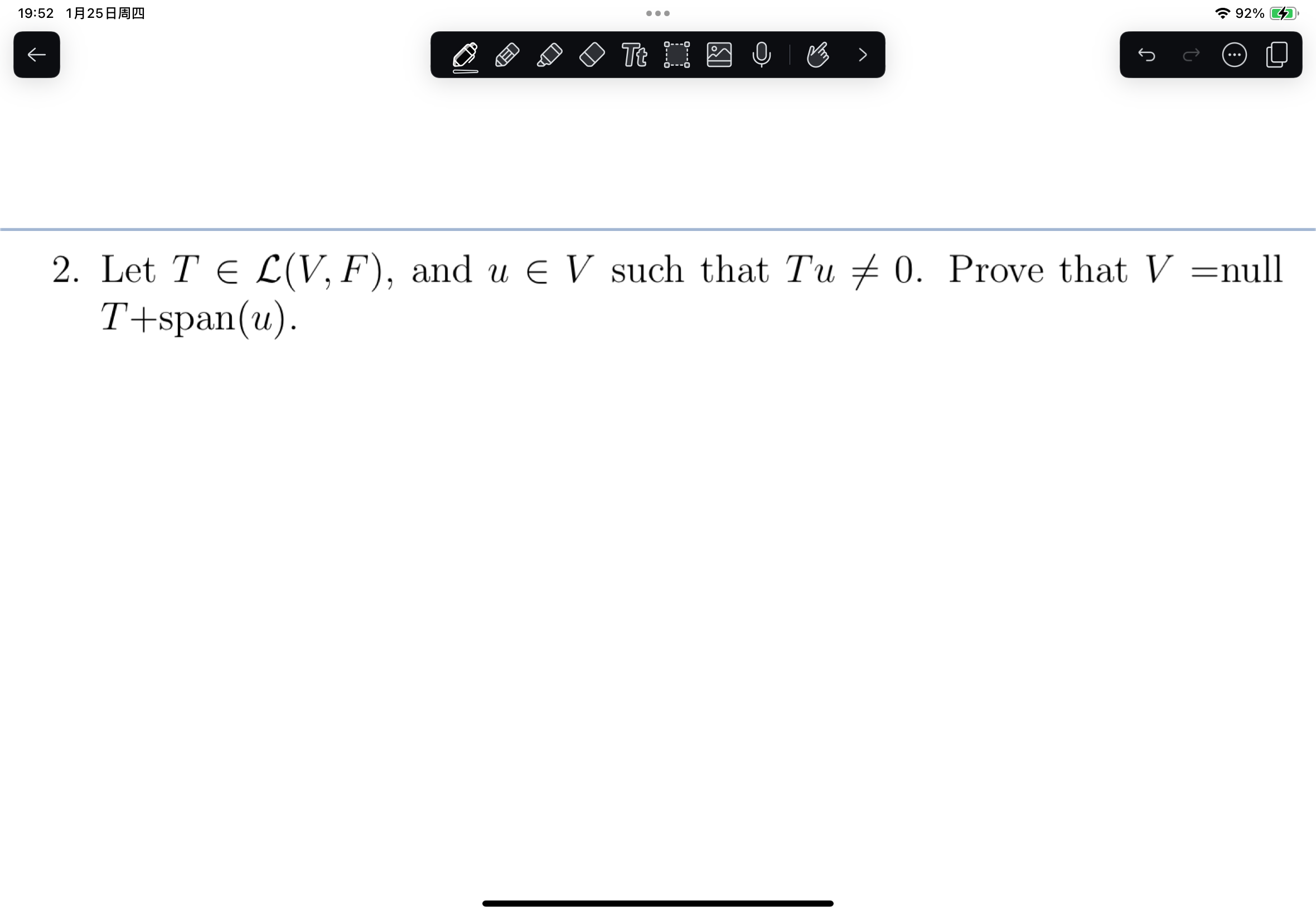 Solved 19:52 1月25日周四防>2. ﻿Let TinL(V,F), ﻿and uinV such that | Chegg.com