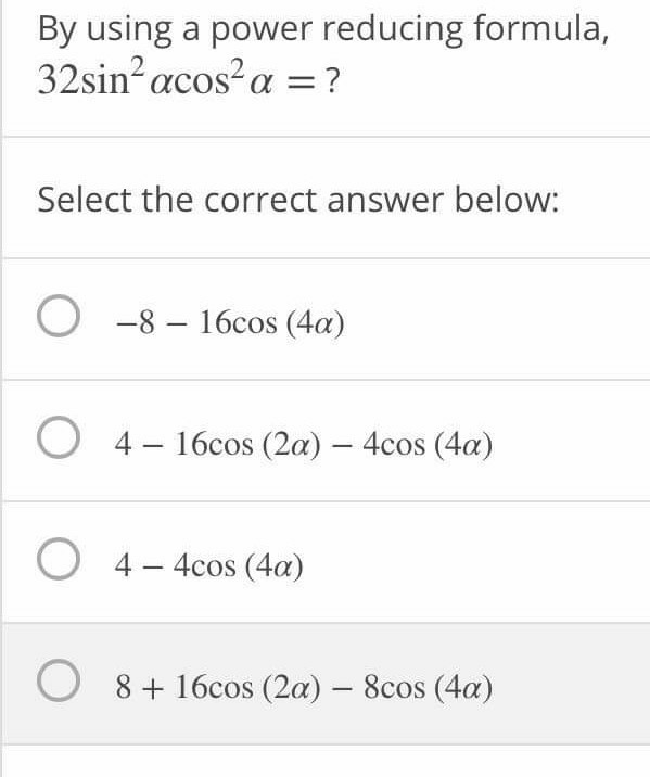 Solved By using a power reducing formula, Select the correct | Chegg.com