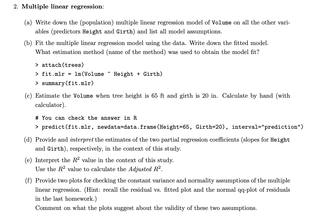 Solved Consider the trees data set in the car library that | Chegg.com