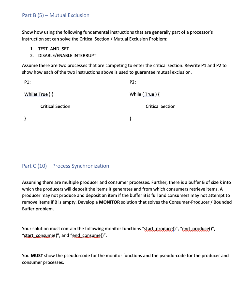 Solved Part B (5) - Mutual Exclusion Show how using the | Chegg.com