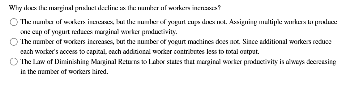 Solved Why does the marginal product decline as the number | Chegg.com