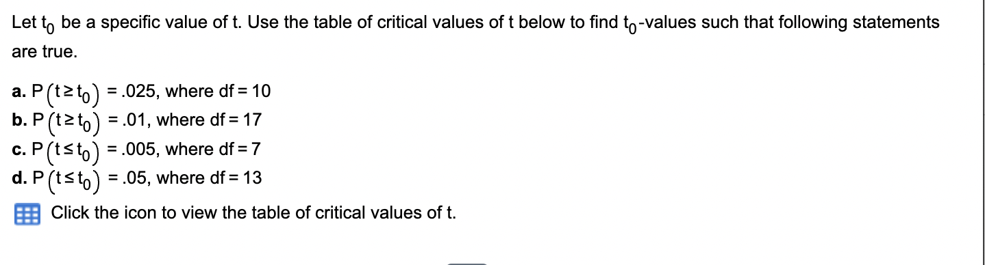 Solved Let t0 be a specific value of t. Use the table of | Chegg.com