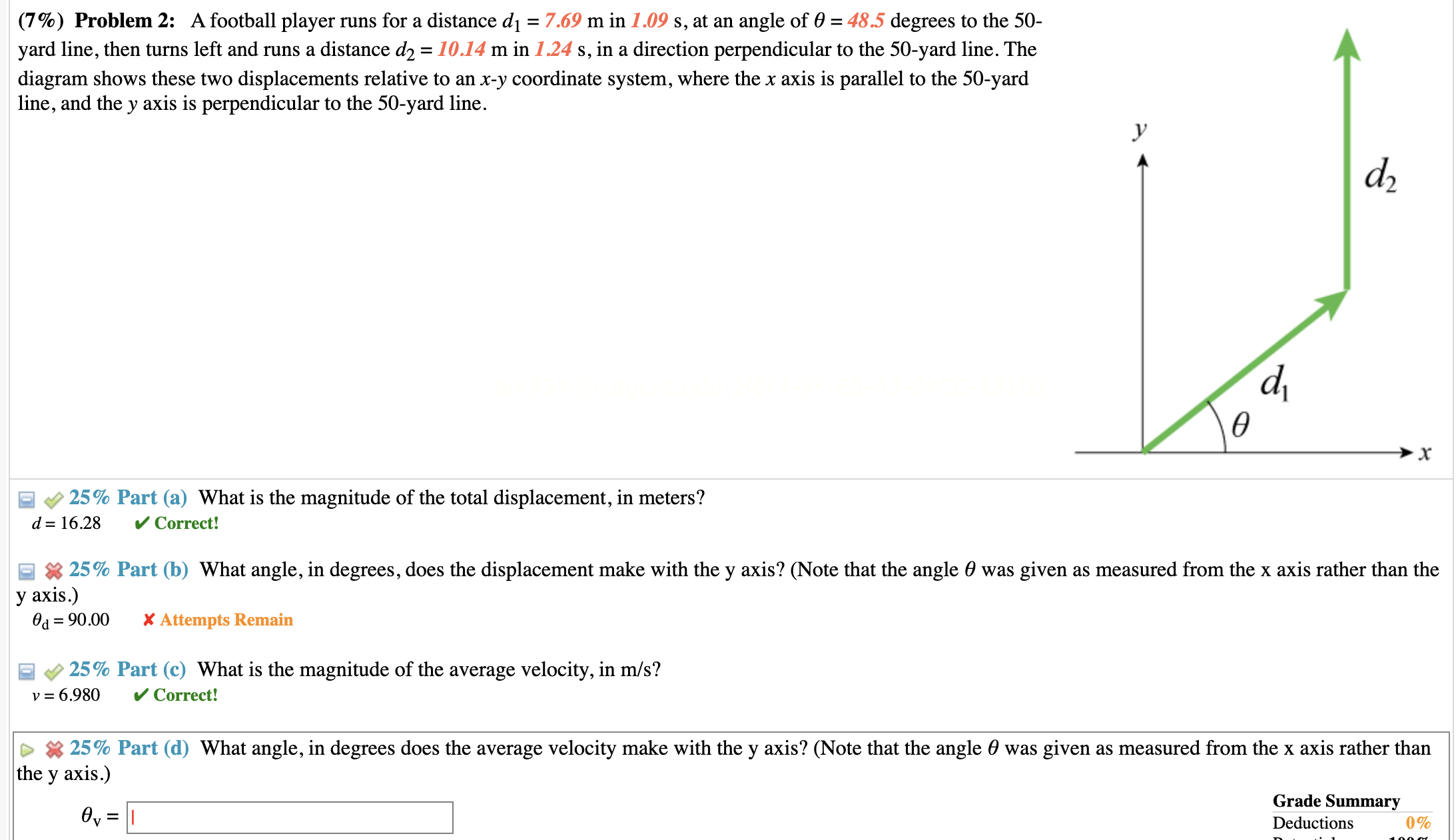 Solved (7\%) Problem 2: A football player runs for a | Chegg.com