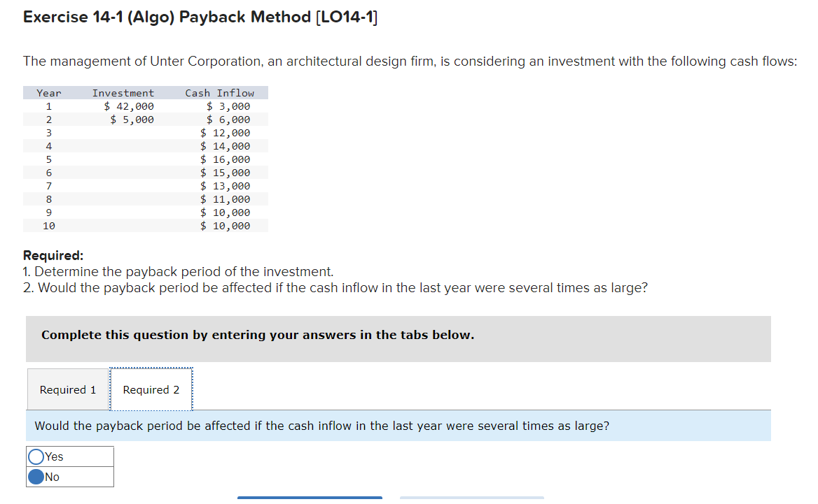 Solved Exercise 14-1 (Algo) Payback Method (L014-1] The | Chegg.com