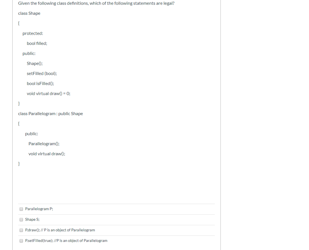 Solved Given the following class definitions, which of the | Chegg.com