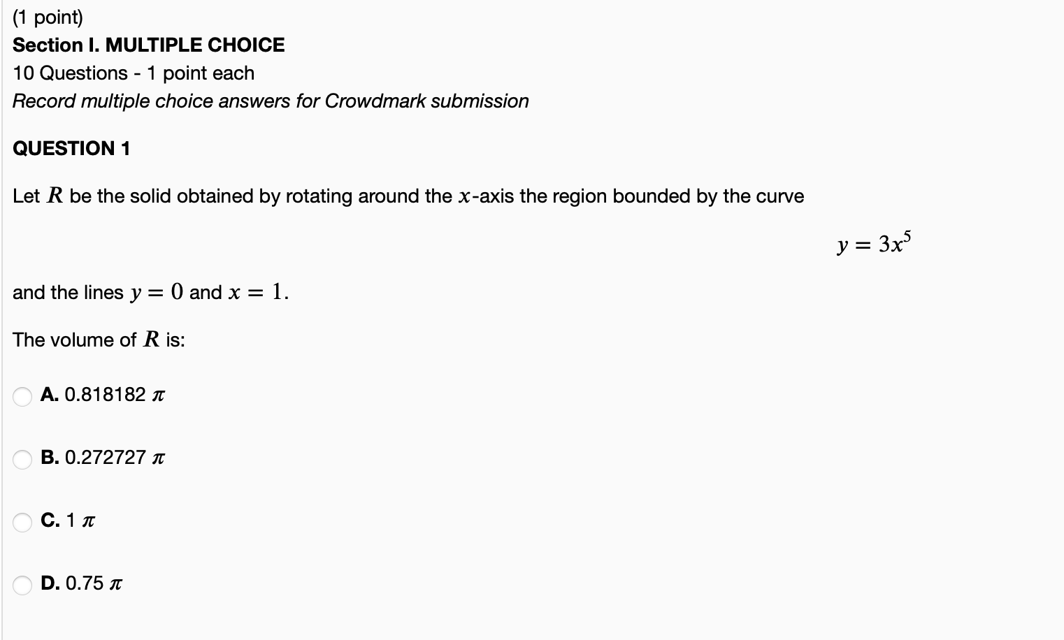 Solved (1 point) Section I. MULTIPLE CHOICE 10 Questions - 1 | Chegg.com