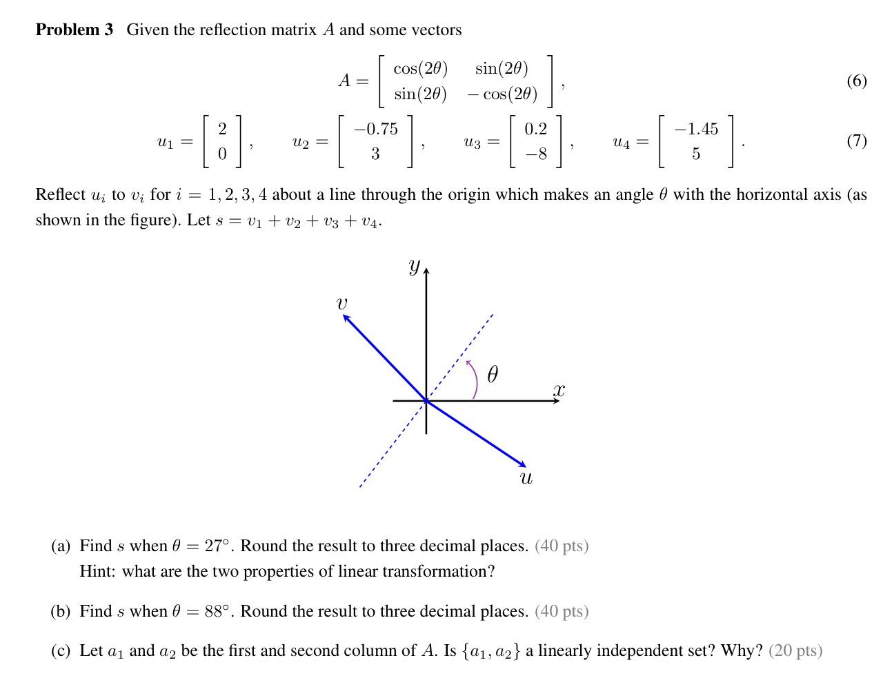 Solved Problem 3 Given the reflection matrix A and some | Chegg.com
