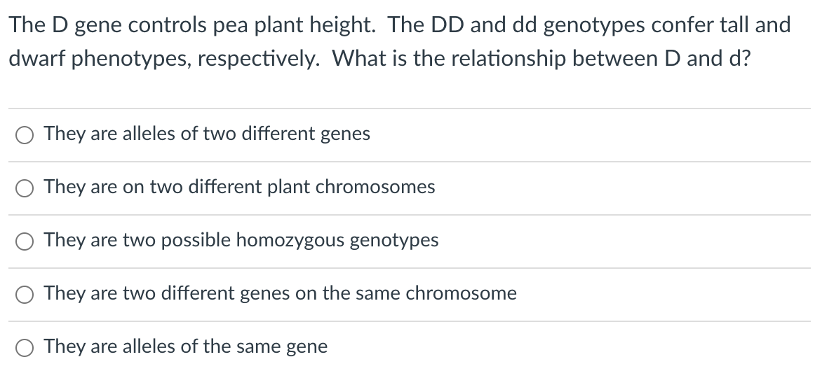 Solved The D gene controls pea plant height. The DD and dd | Chegg.com