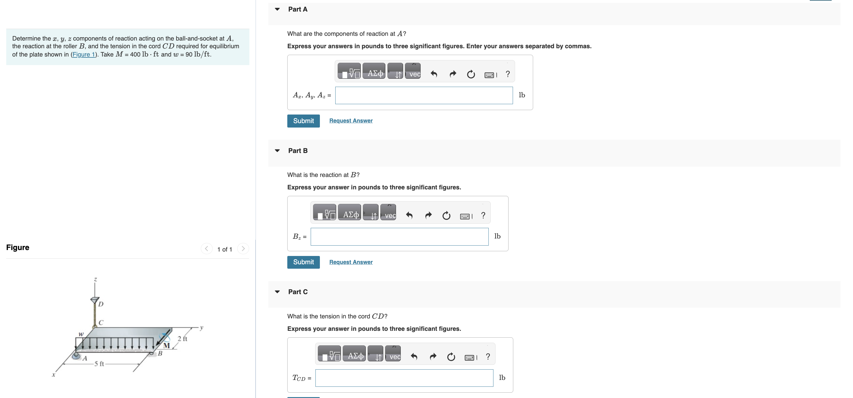 Solved Determine the x,y,z components of reaction acting on | Chegg.com