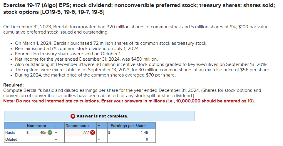 Solved Exercise 19-17 (Algo) EPS; stock dividend; | Chegg.com