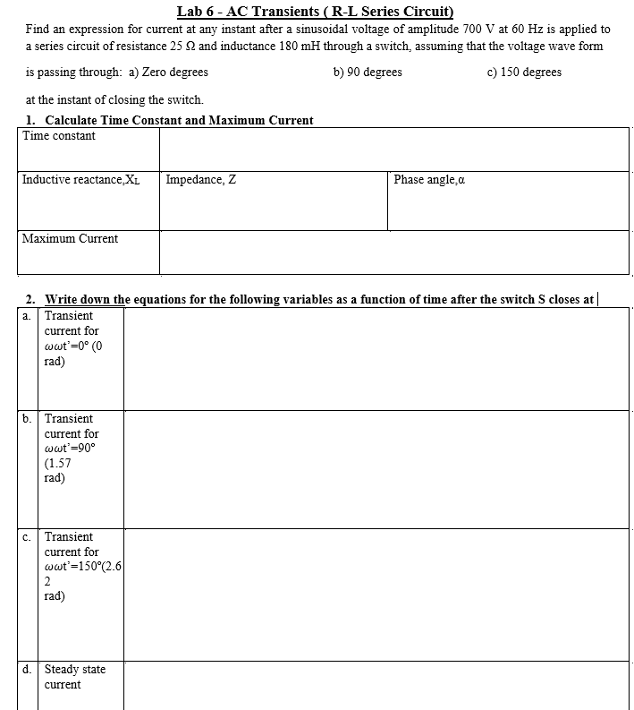 Solved Lab 6 - AC Transients (R-L Series Circuit) Find an | Chegg.com
