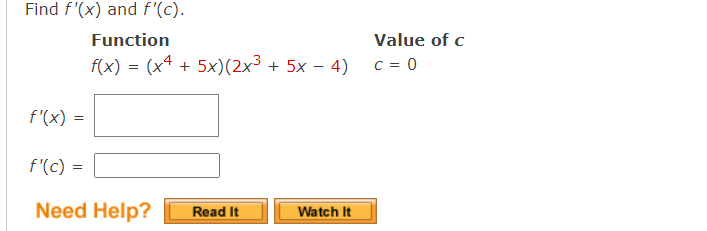 Solved Find f′(x) and f′(c). Function | Chegg.com
