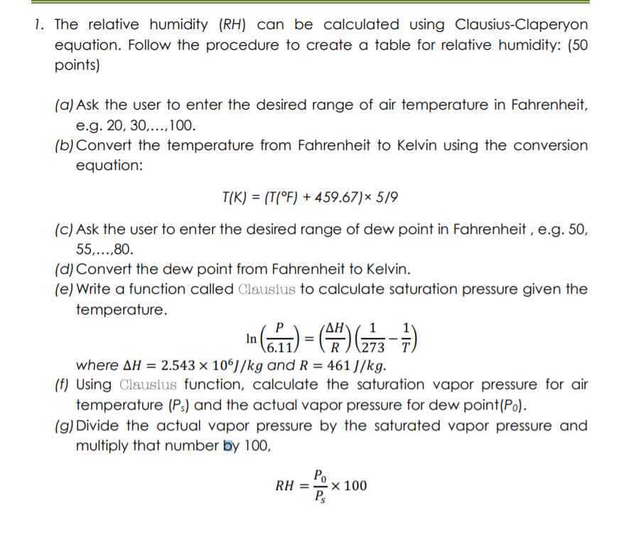 Solved 1. The relative humidity (RH) can be calculated using | Chegg.com