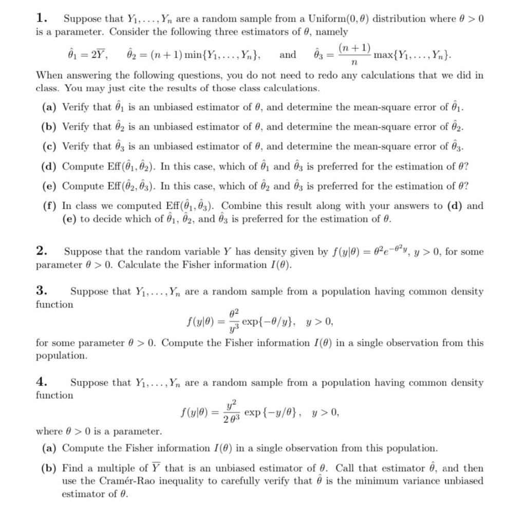Solved n 1. Suppose that Y1,...,Yn are a random sample from | Chegg.com