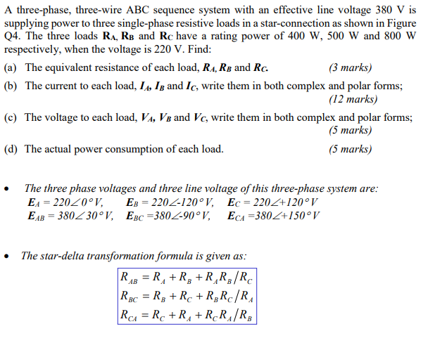 Solved A three-phase, three-wire ABC sequence system with an | Chegg.com