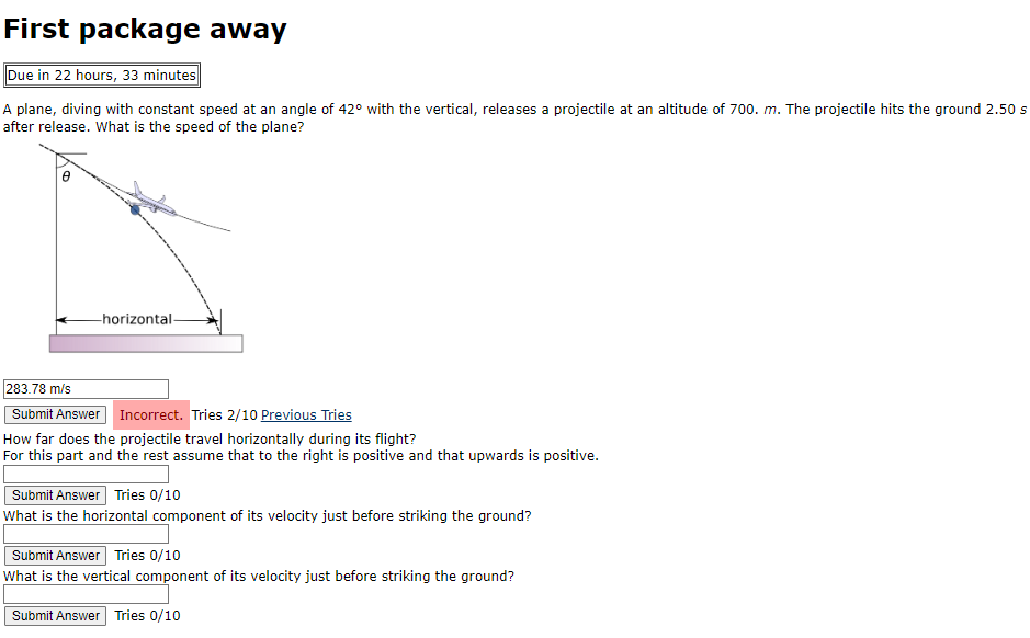 Solved First package away A plane, diving with constant | Chegg.com