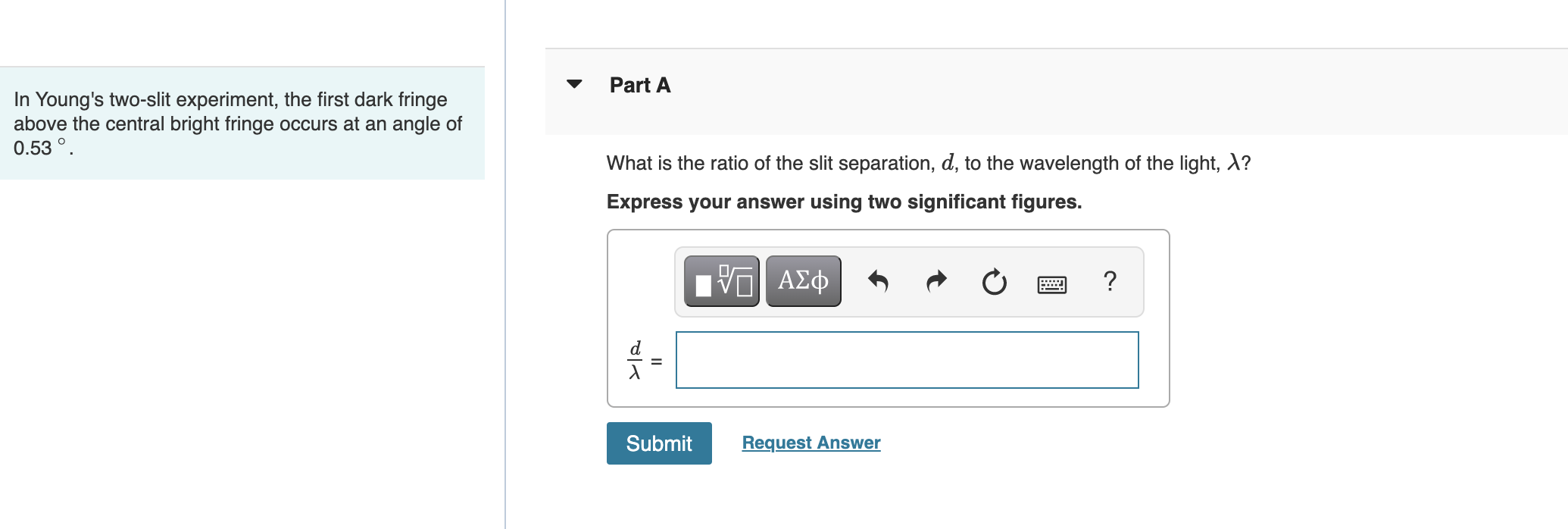 Solved In Young's two-slit experiment, the first dark fringe | Chegg.com