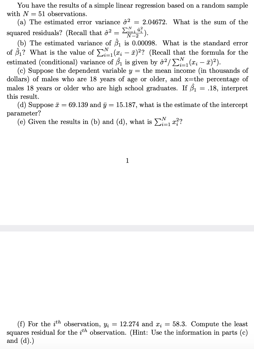 Solved You have the results of a simple linear regression | Chegg.com