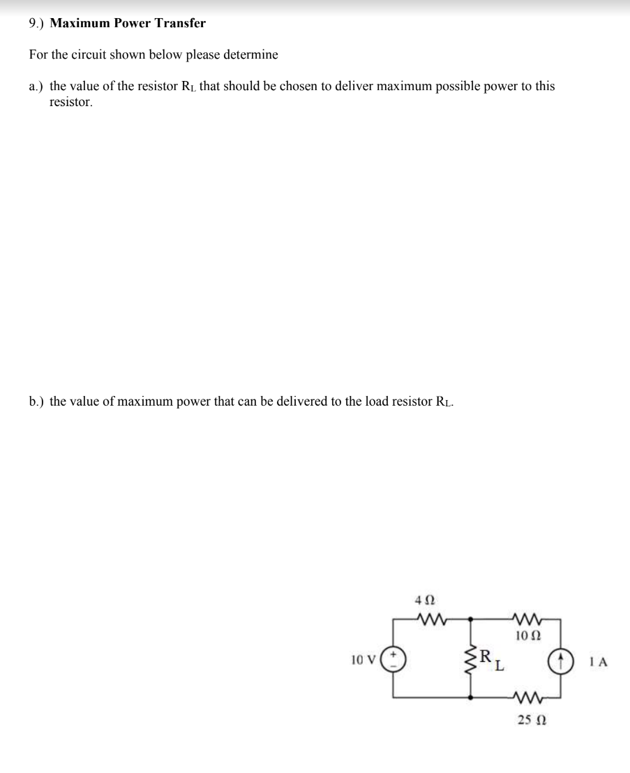 Solved 9.) Maximum Power Transfer For the circuit shown | Chegg.com