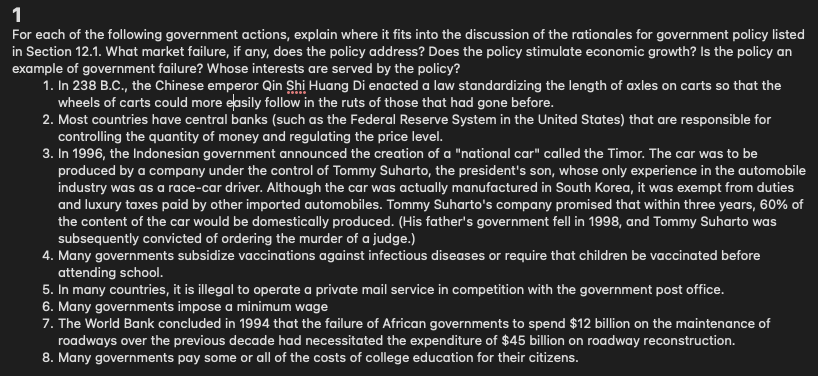 For each of the following government actions, explain | Chegg.com