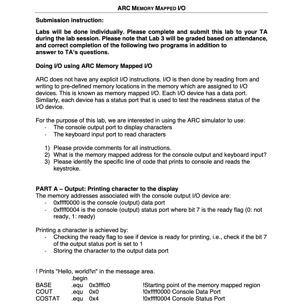 Solved ARC MEMORY MAPPED I/O Submission instruction: Labs | Chegg.com