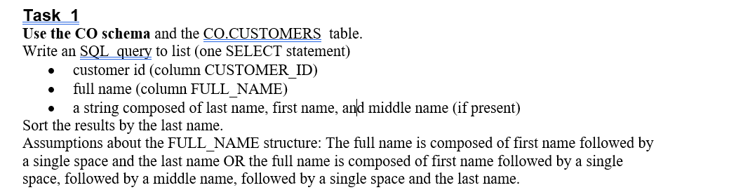 Solved Task 1 Use the CO schema and the CO.CUSTOMERS table. | Chegg.com