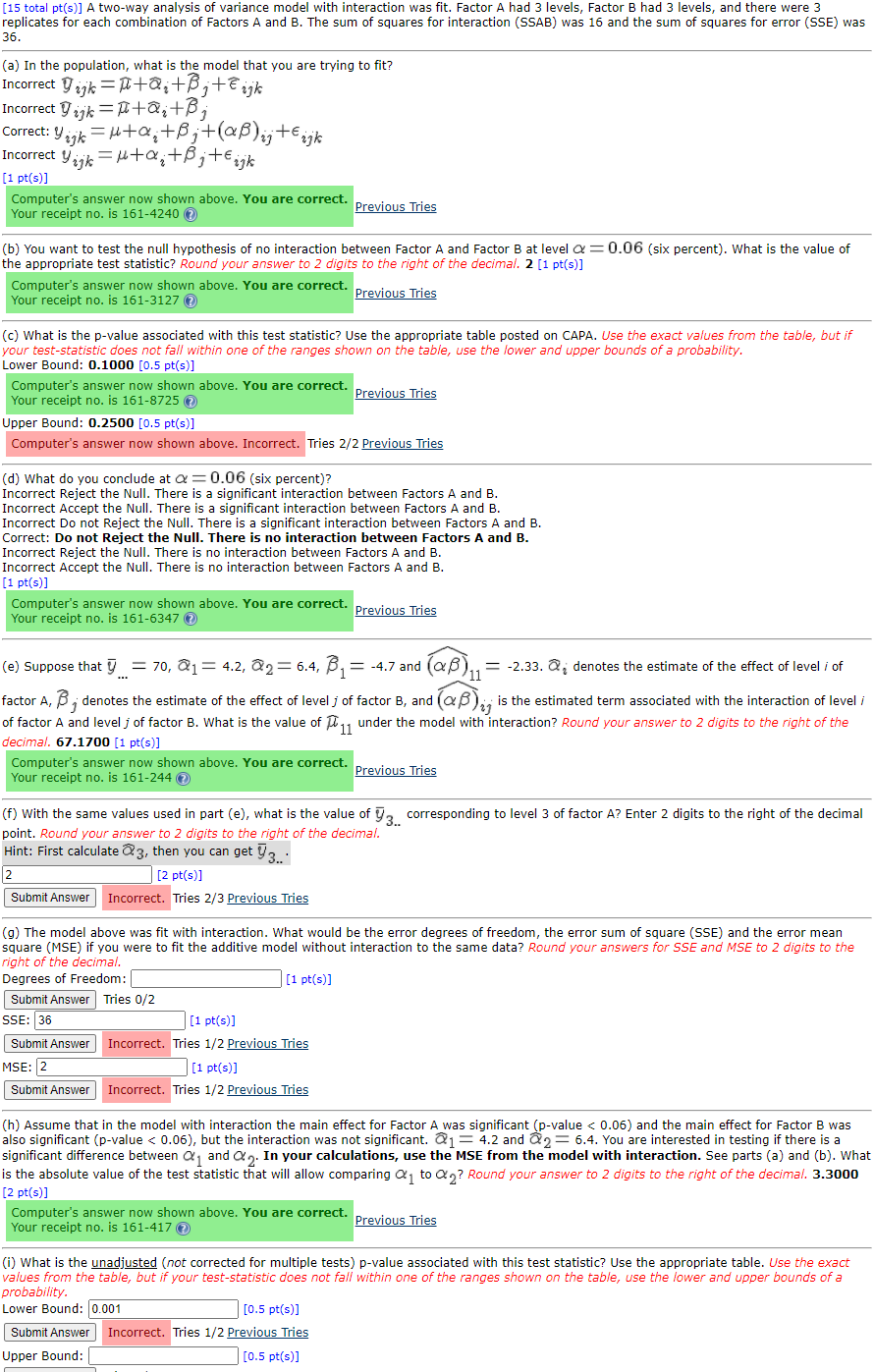 Solved (15 total pt(s)] A two-way analysis of variance model | Chegg.com