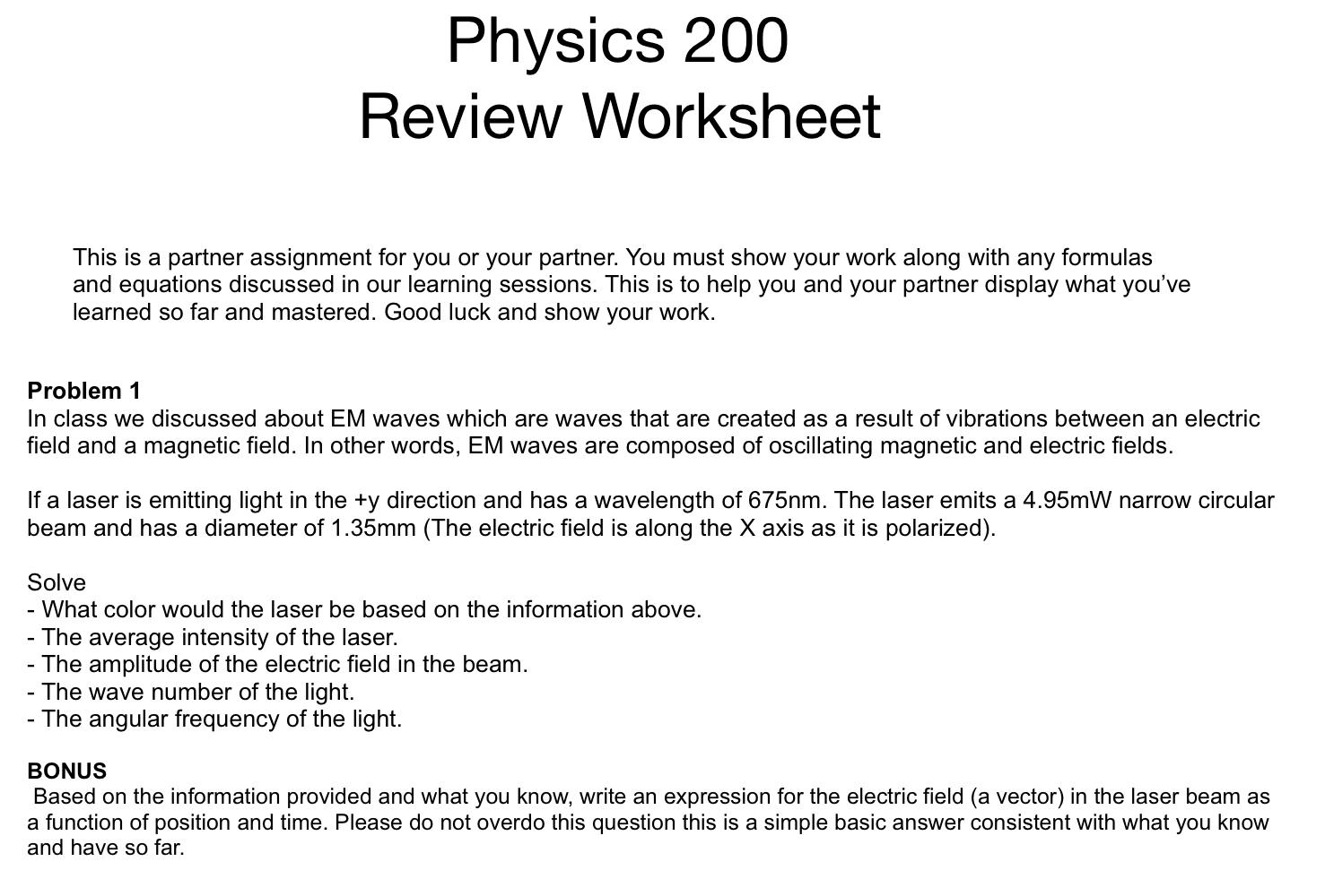 Solved Physics 200 Review Worksheet This is a partner | Chegg.com