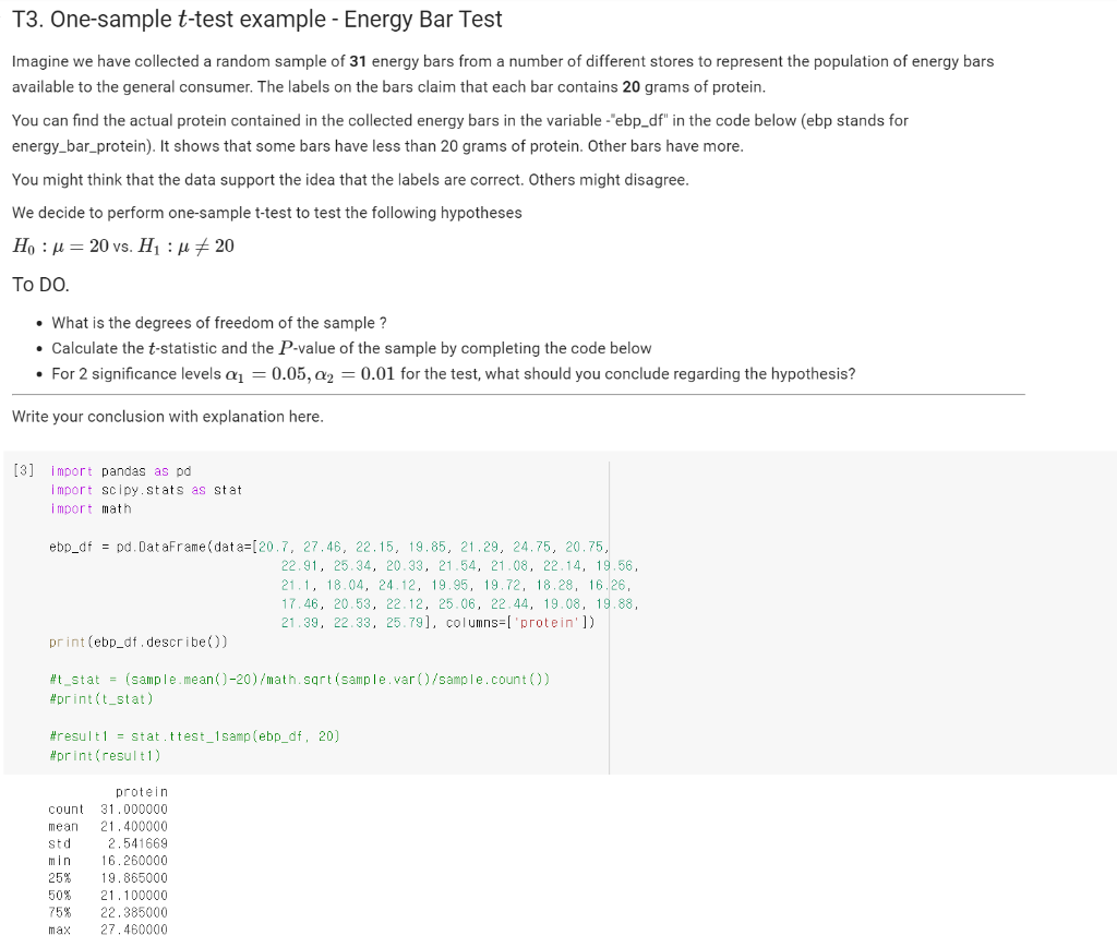 Solved T3. One-sample t-test example - Energy Bar Test | Chegg.com