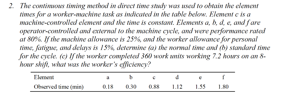 Solved 2. The continuous timing method in direct time study | Chegg.com