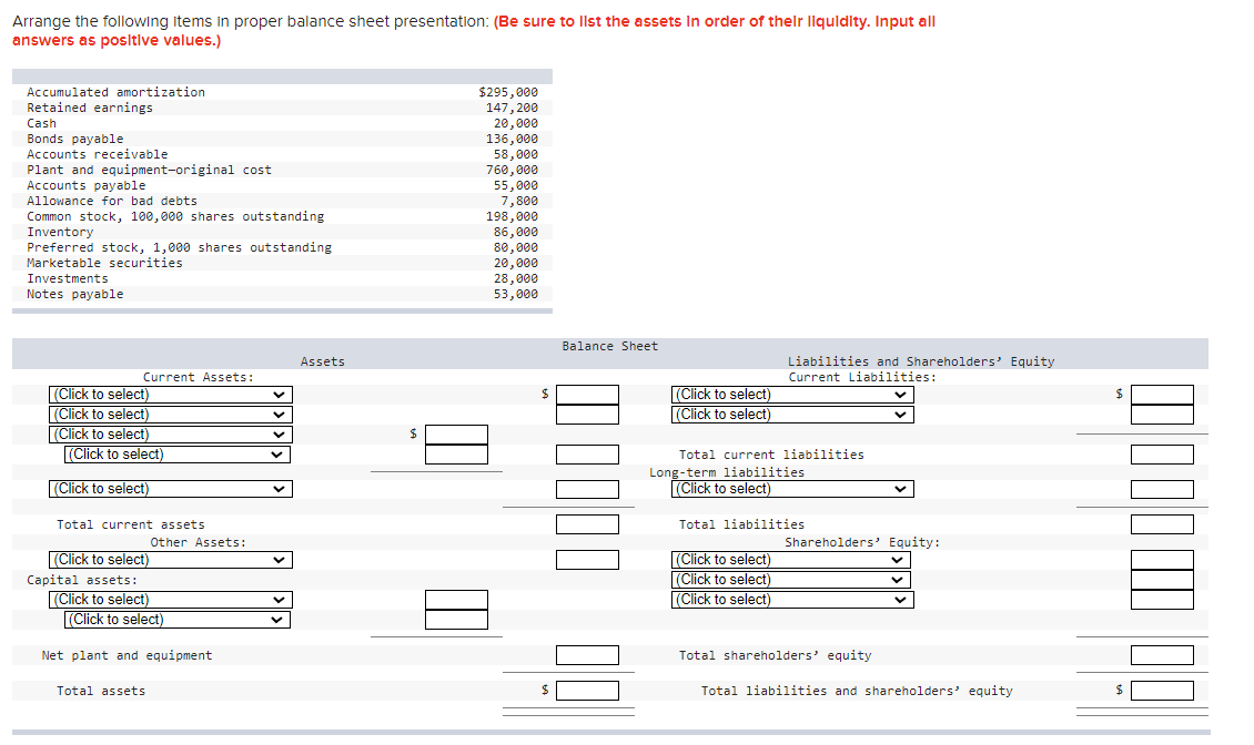 Solved Arrange the following items in proper balance sheet | Chegg.com