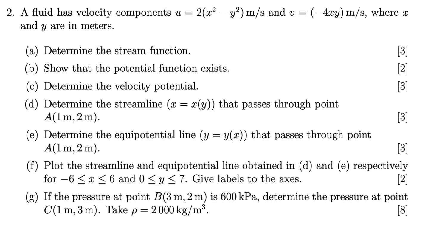 Solved 2. A fluid has velocity components u=2(x2−y2)m/s and | Chegg.com
