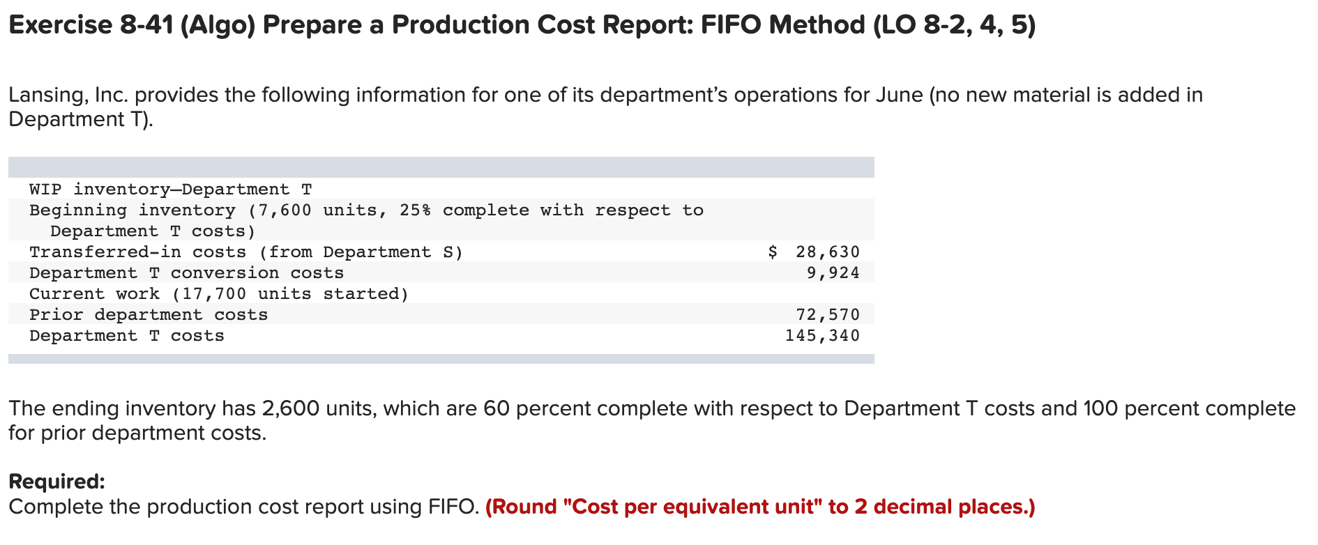 Solved Exercise 8-41 (Algo) Prepare a Production Cost | Chegg.com