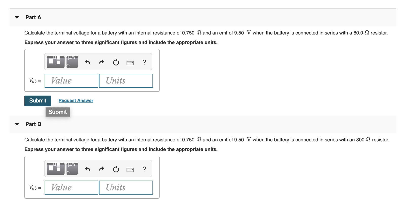 Solved Part A Calculate the terminal voltage for a battery | Chegg.com
