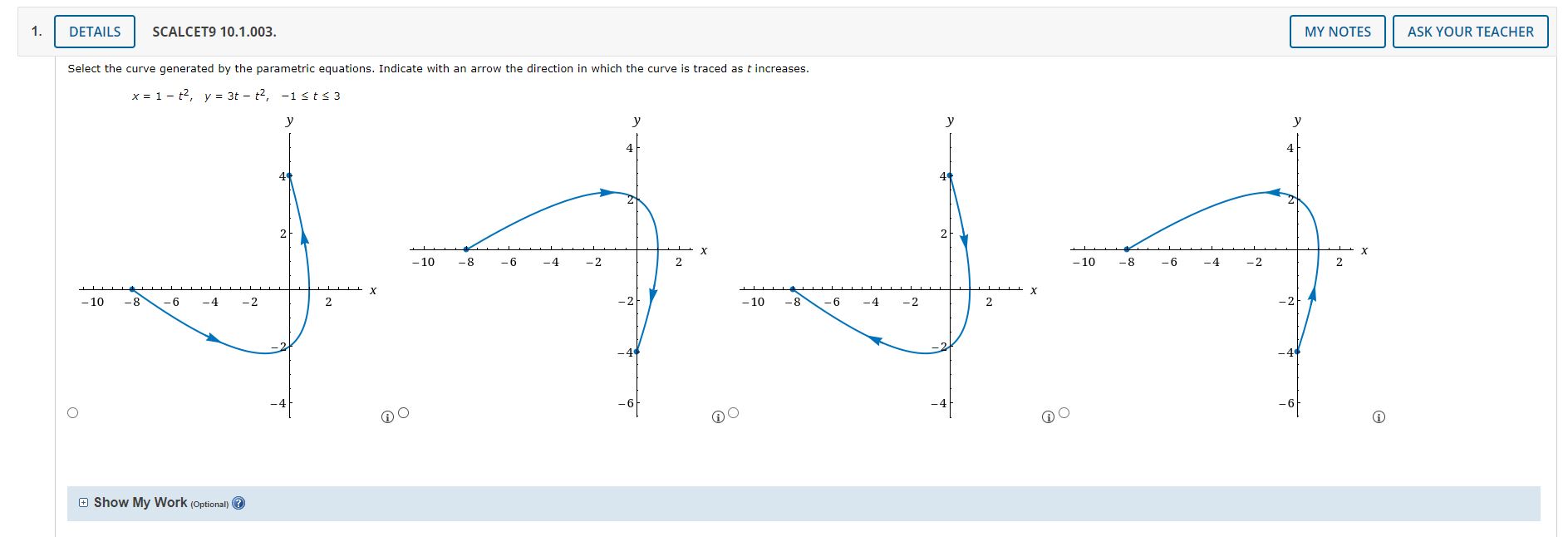 Solved Select the curve generated by the parametric | Chegg.com