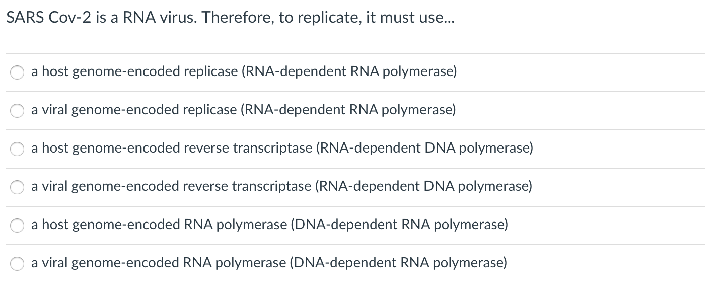 Solved SARS Cov-2 is a RNA virus. Therefore, to replicate, | Chegg.com
