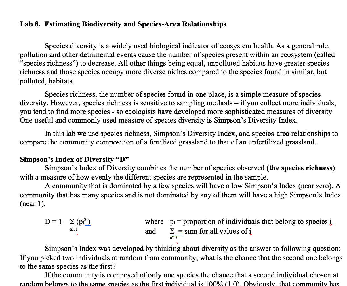 Lab 8. Estimating Biodiversity and Species-Area | Chegg.com