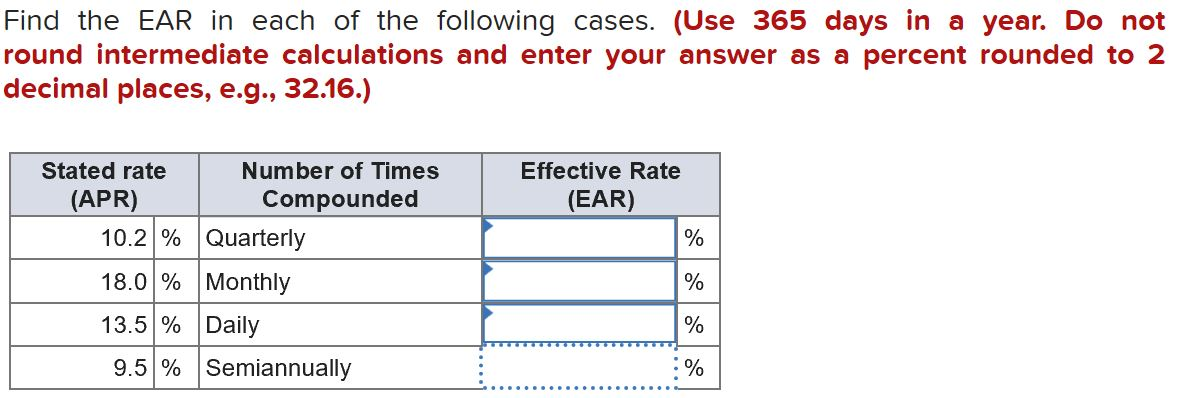 Solved Find the EAR in each of the following cases. (Use 365 | Chegg.com