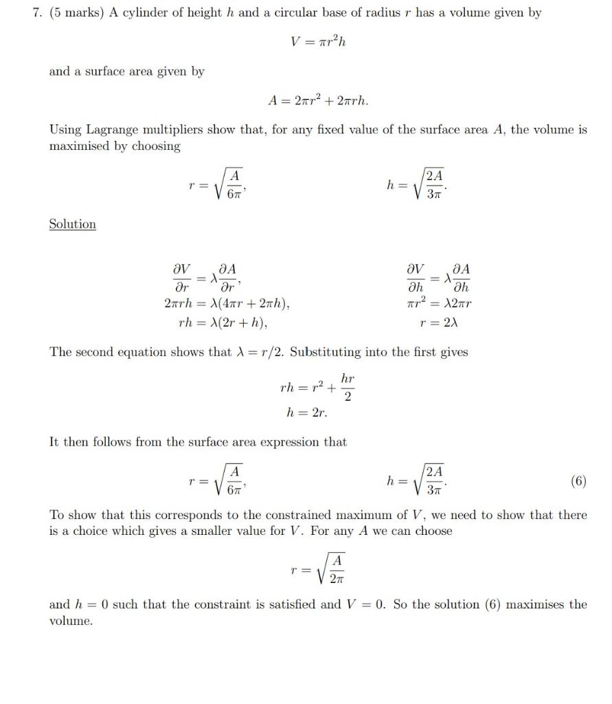Solved how do you find r=sqr(A/2pi) and h = 0 in the | Chegg.com