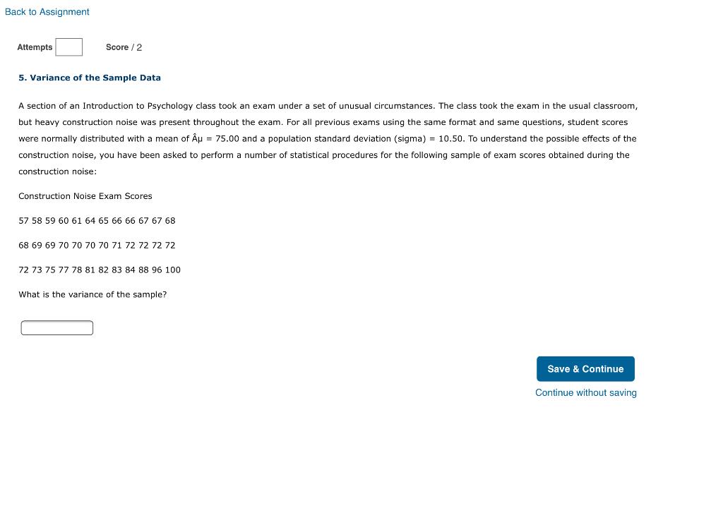 Solved Back to Assignment Attempts Score / 2 5. Variance of | Chegg.com