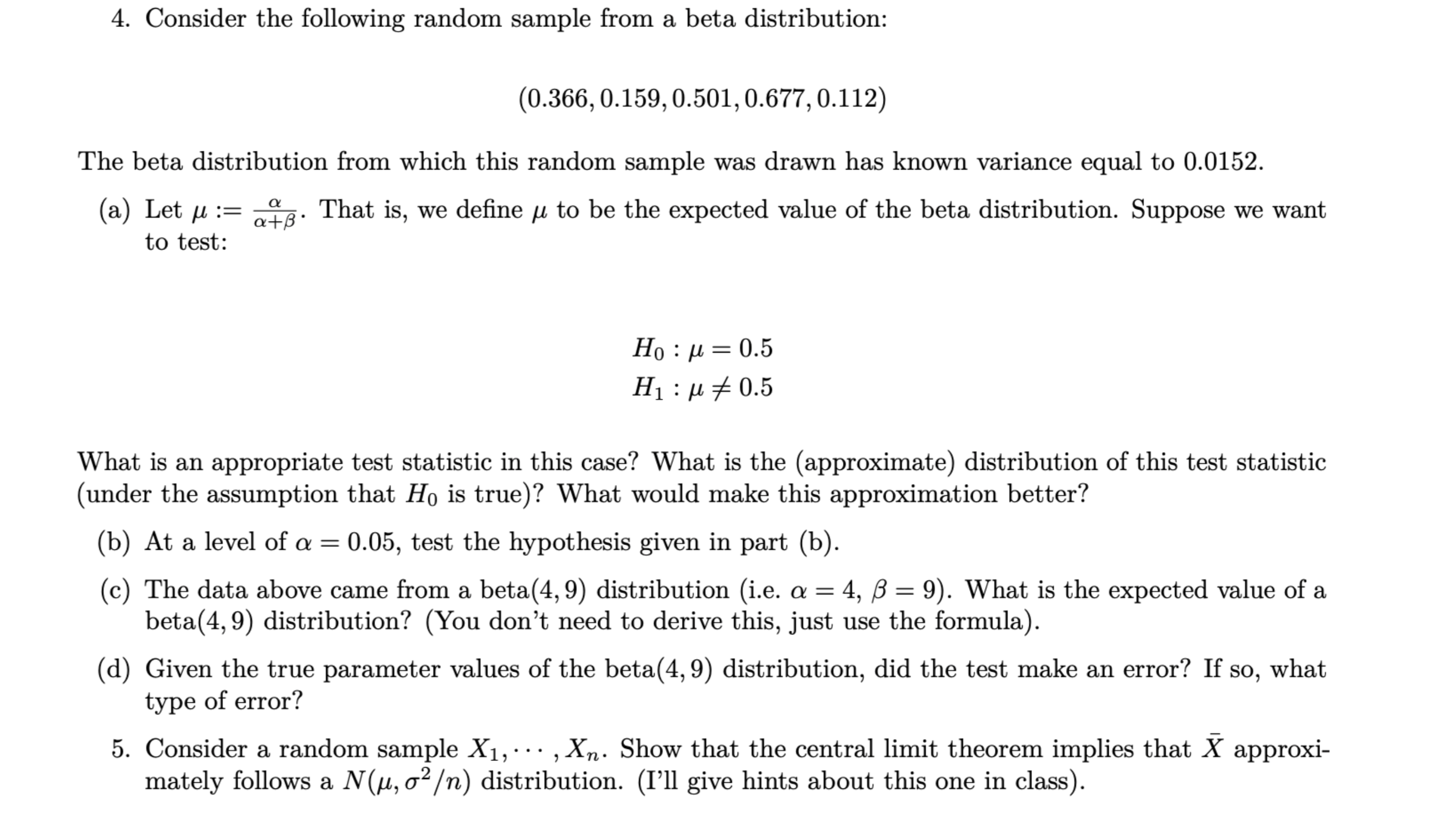 Solved 4. Consider the following random sample from a beta | Chegg.com