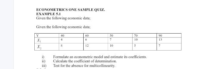 ECONOMETRICS ONE SAMPLE QUIZ.EXAMPLE 5.1Given the | Chegg.com