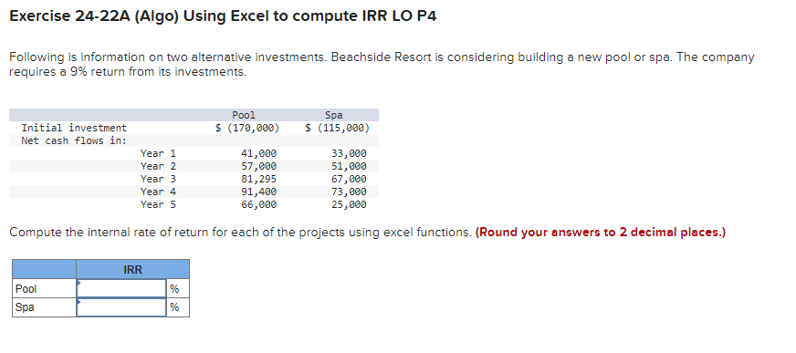 Solved Exercise 24-22A (Algo) Using Excel to compute IRR LO | Chegg.com