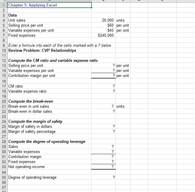 Solved 1 Chapter 5: Applying Excel 2 3 Data 4 Unit sales | Chegg.com