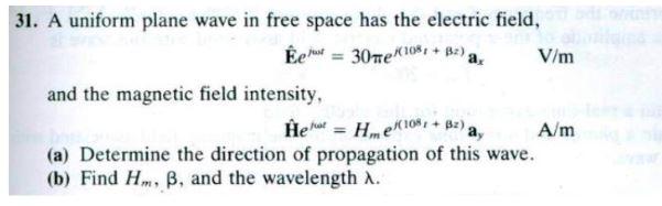 Solved 31. A uniform plane wave in free space has the | Chegg.com