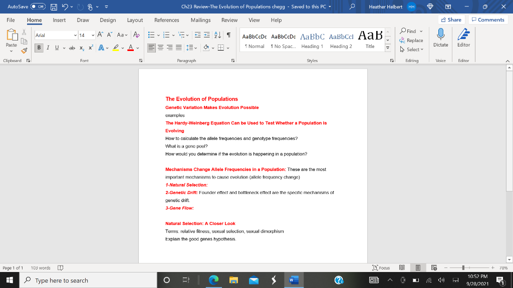 Solved AutoSave Oh H2 OH HUB Ch23 Review-The Evolution of | Chegg.com
