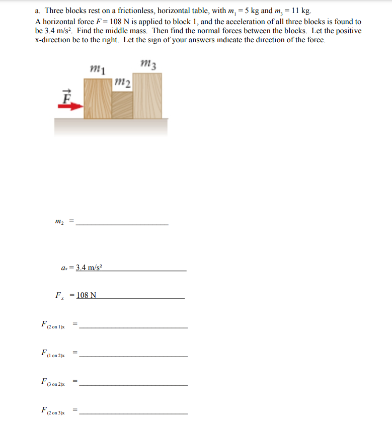 Solved a. Three blocks rest on a frictionless, horizontal | Chegg.com