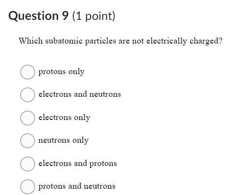 Solved Question 9 (1 ﻿point)Which subatomic particles are | Chegg.com