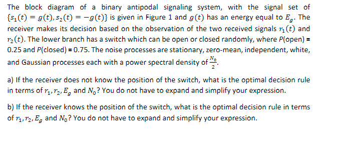 Solved The block diagram of a binary antipodal signaling | Chegg.com